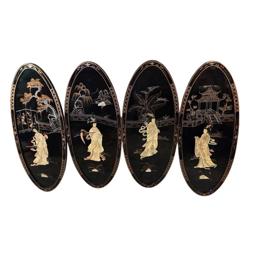 Vintage Asian Lacquer Wall Panels, Mother of Pearl Inlay Art, Set of 4 ...