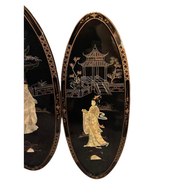 Vintage Asian Lacquer Wall Panels, Mother of Pearl Inlay Art, Set of 4 ...