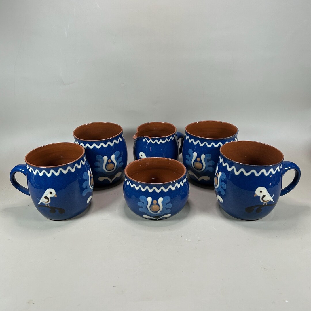 Redware “love Birds” 6 Piece Collection Blue Tea Coffee Set, Fine Art ...