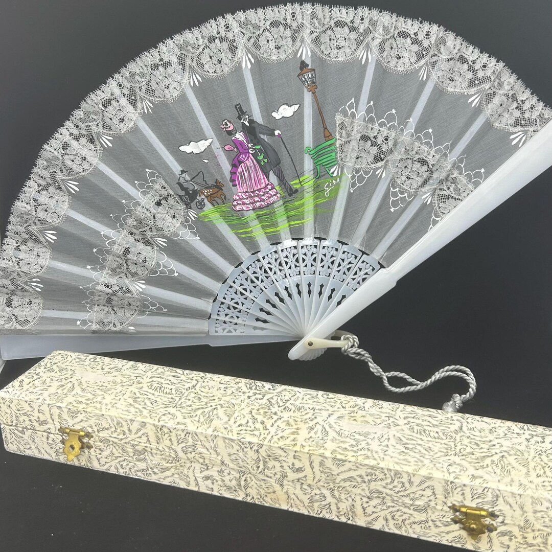 Vintage Spanish Lace Hand Fan: Painted Victorian Couple, Signed, With ...