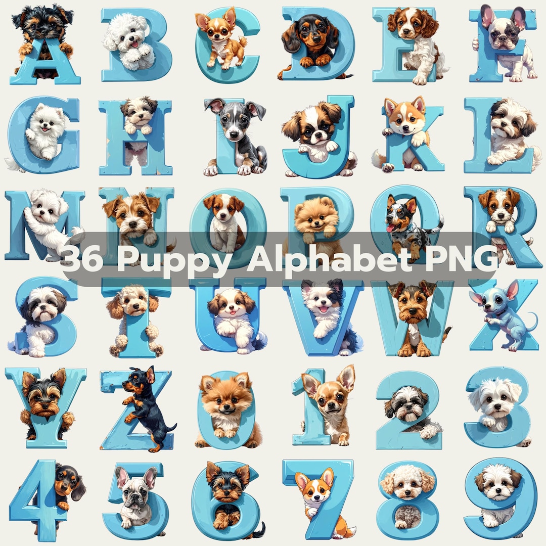 Puppy Alphabet Clipart: Adorable Dog Letters and Numbers PNG Set ...