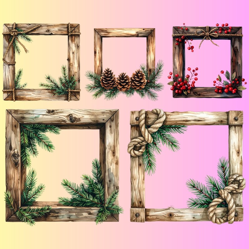 Rustic Christmas Frame Clipart: Watercolor Wooden Border PNG Set ...