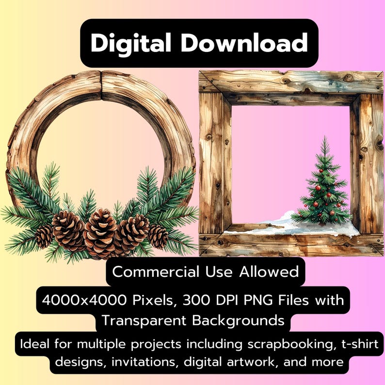 Rustic Christmas Frame Clipart: Watercolor Wooden Border PNG Set ...