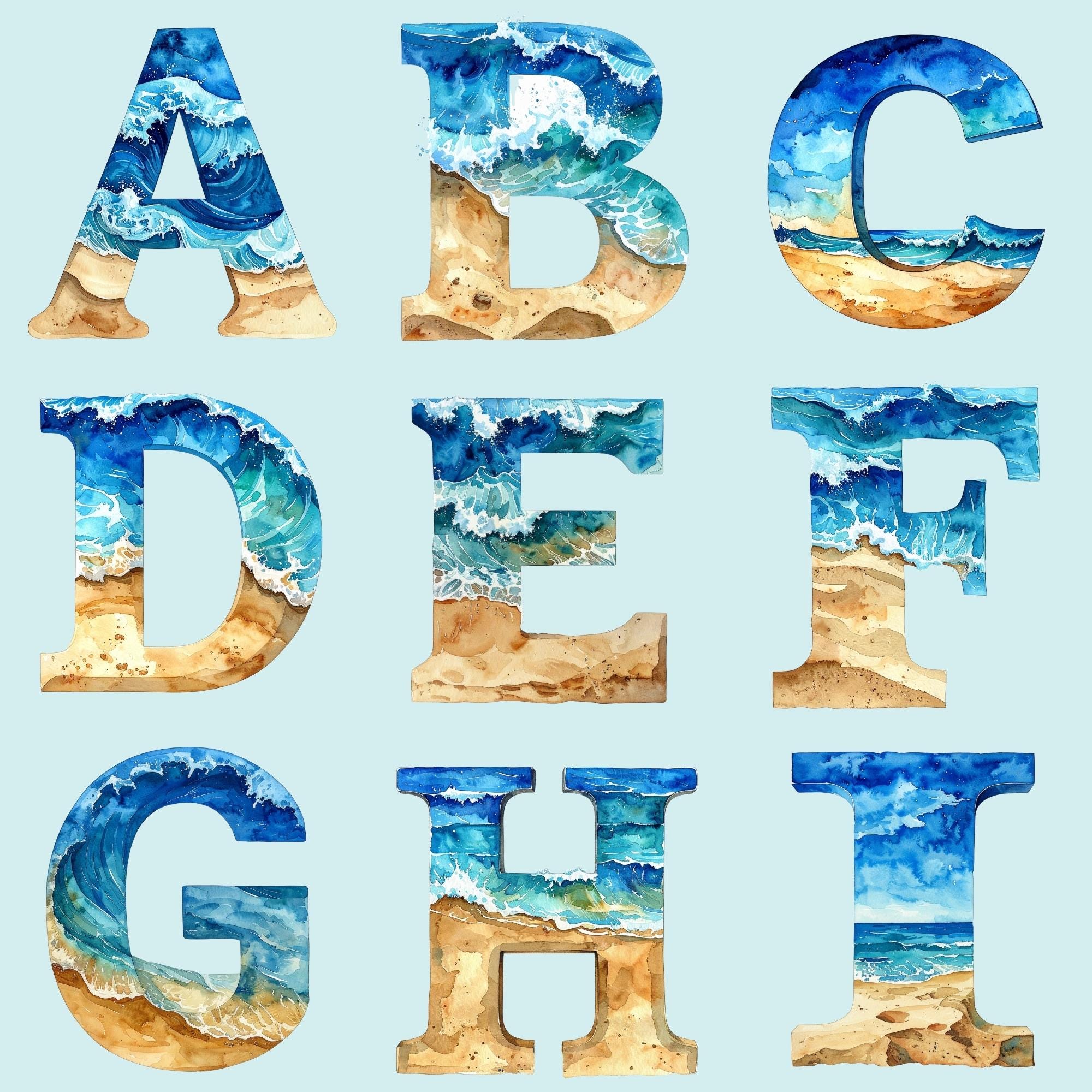 Beach Alphabet Clipart Set: Ocean Wave Font PNG Bundle (digital ...