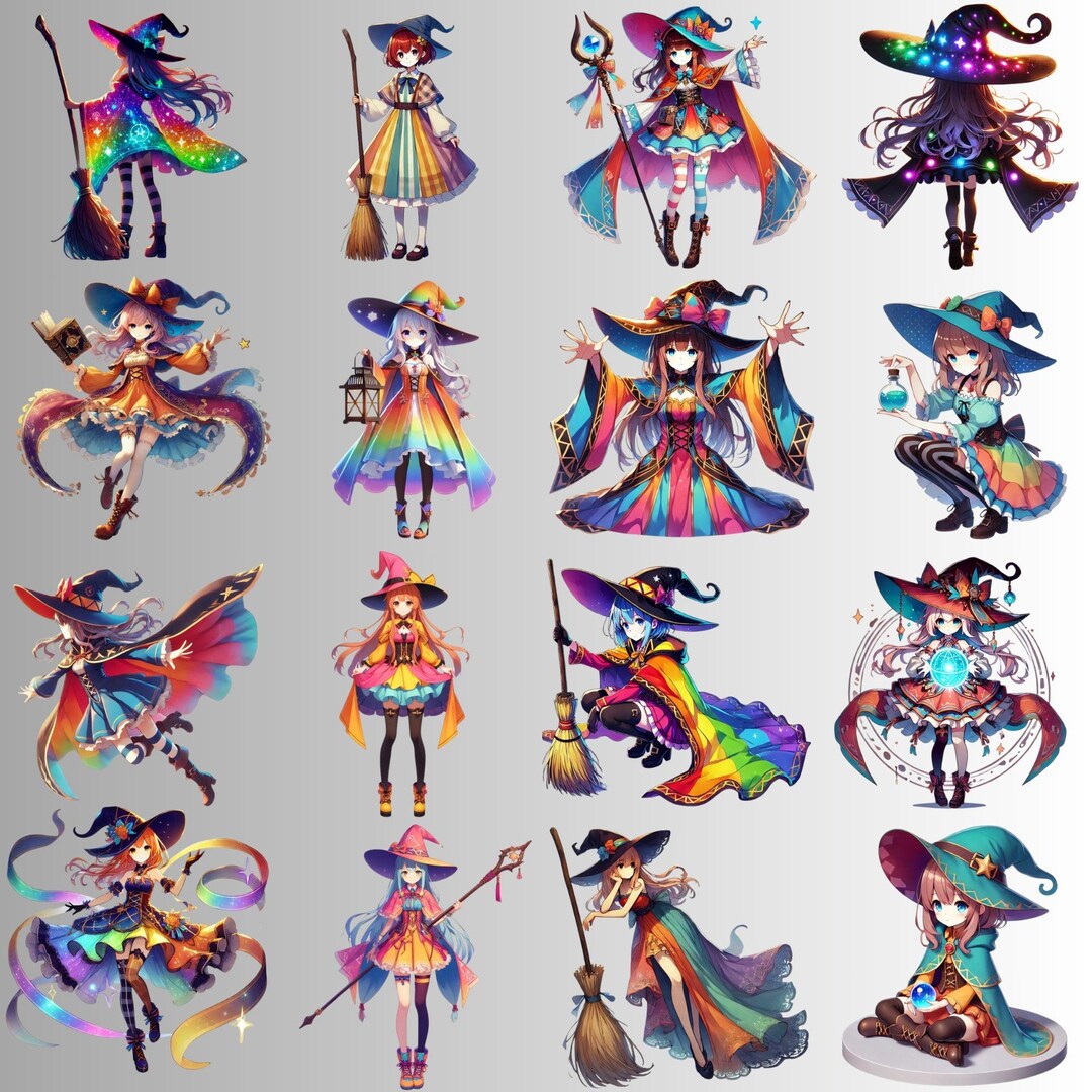 Colorful Witch Clipart Set 16 Magical PNG Illustrations Fantasy Witch ...