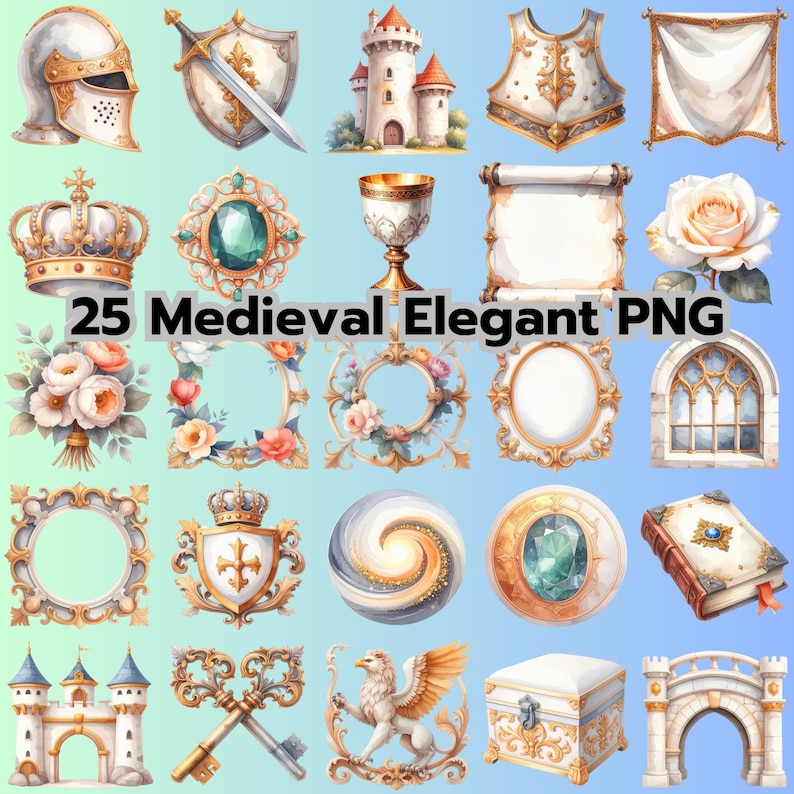 Medieval Fantasy Clipart: Elegant Royal Knight and Castle PNG Set ...