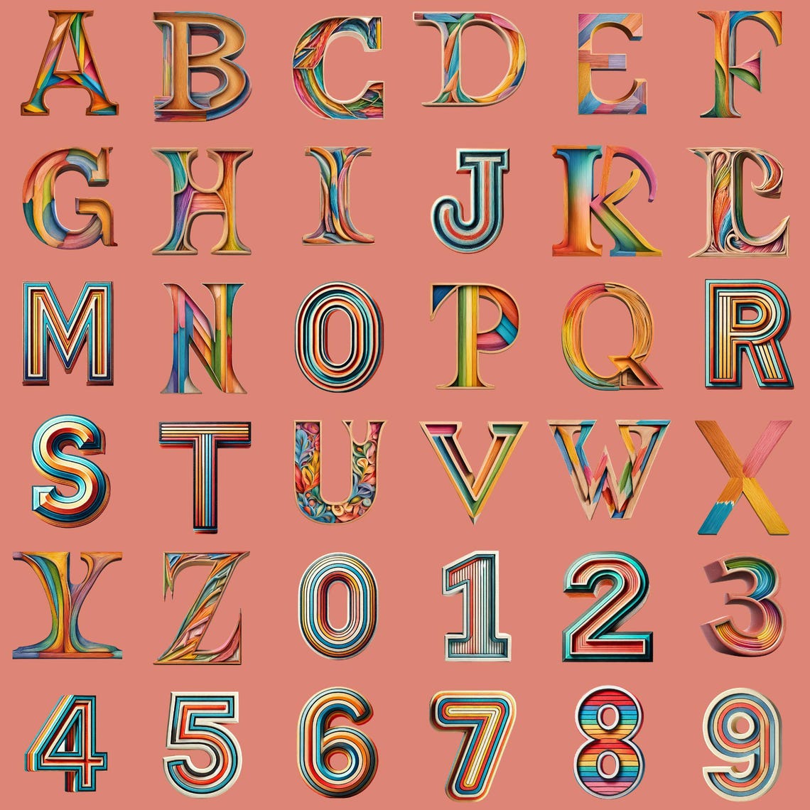 Rainbow Alphabet PNG Clipart: Marbled Font, Numbers (digital Download ...