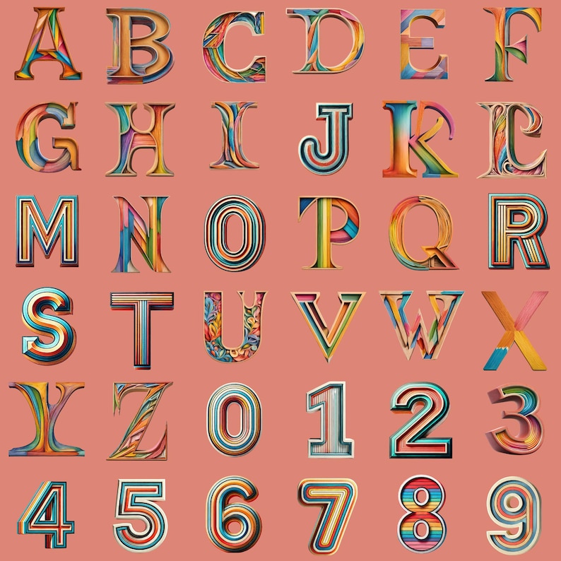 Colorful 3D Alphabet PNG Set, Digital Download, Decorative Letters & Numbers, High-resolution ...