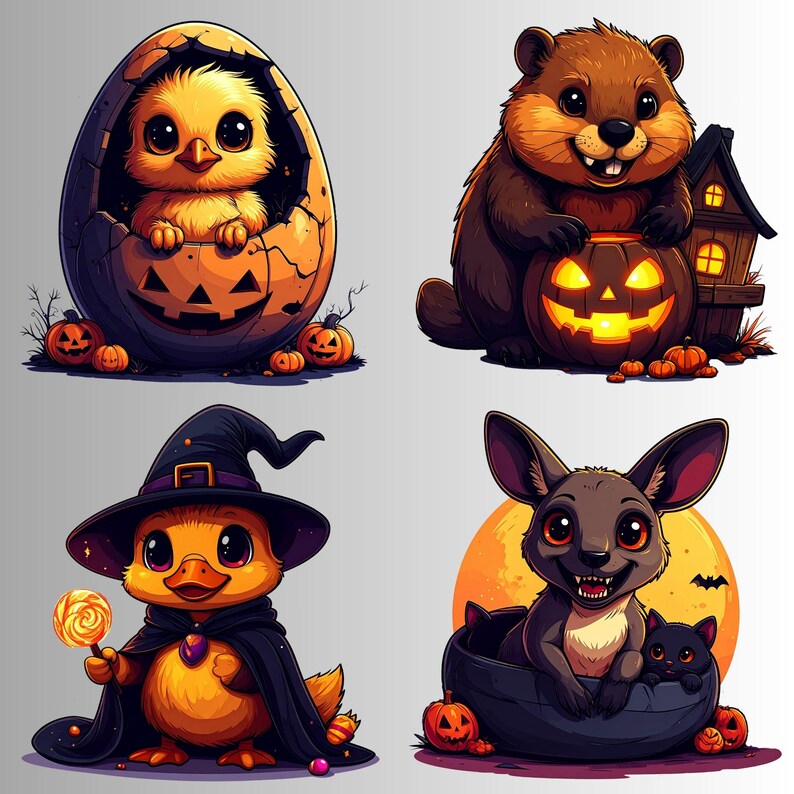 Kawaii Halloween Animals Clipart: Cute Spooky Critters PNG Set (digital ...