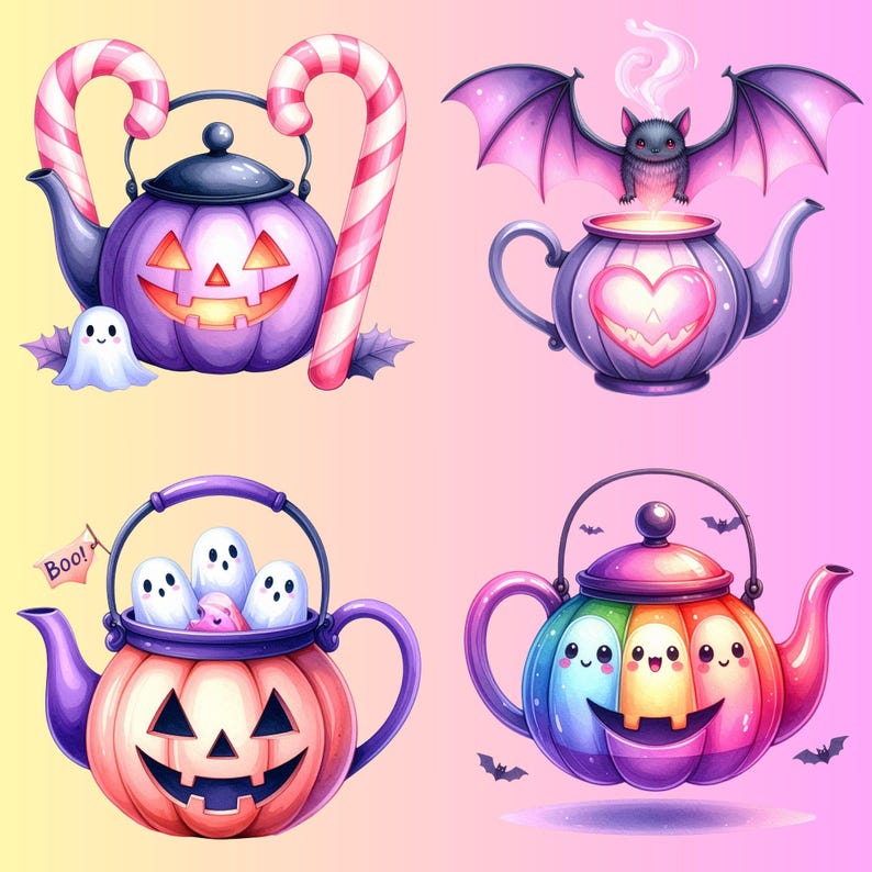 Halloween Teapot Clipart Set: Whimsical Kettle Designs (PNG Digital ...