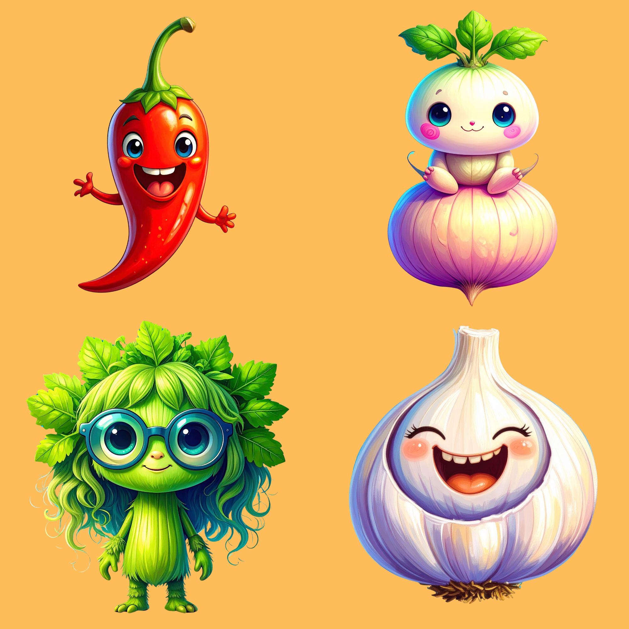 Cute Vegetable Fruit Clipart | Cartoon Food Faces PNG Bundle | Digital ...