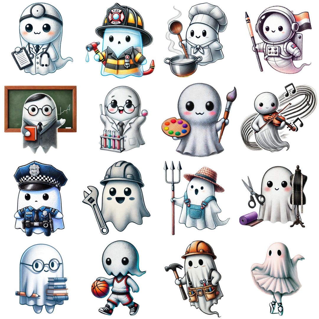 Cute Ghost Profession Clipart Set 16 Kawaii Career-themed Ghost ...