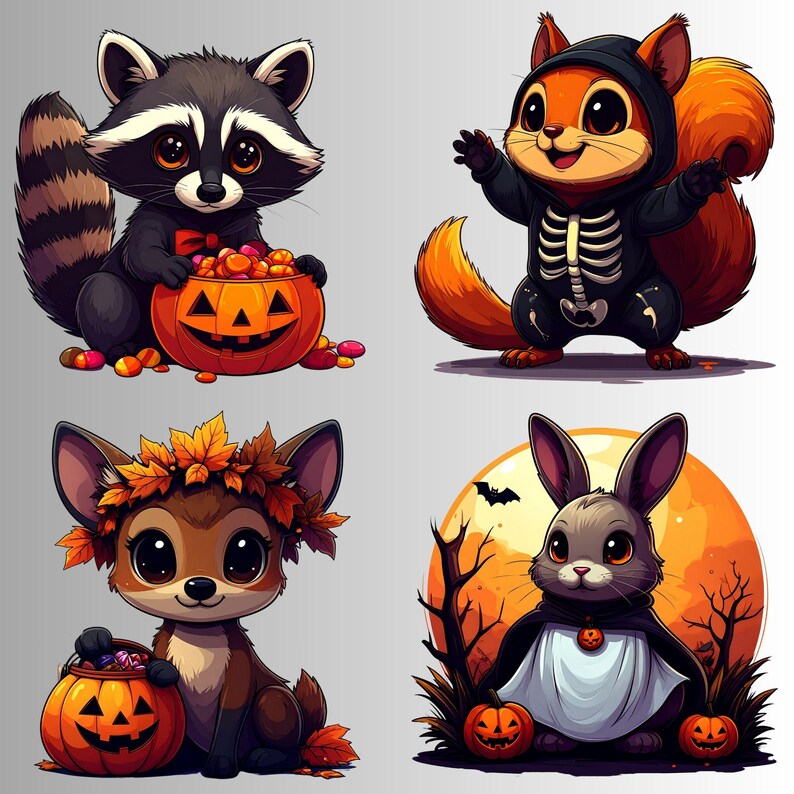Kawaii Halloween Animals Clipart: Cute Spooky Critters PNG Set (digital ...