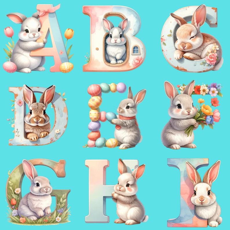 Easter Bunny Alphabet Clipart: Pastel Watercolor Rabbit Letters ...