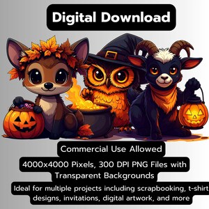 Kawaii Halloween Animals Clipart: Cute Spooky Critters PNG Set (digital ...