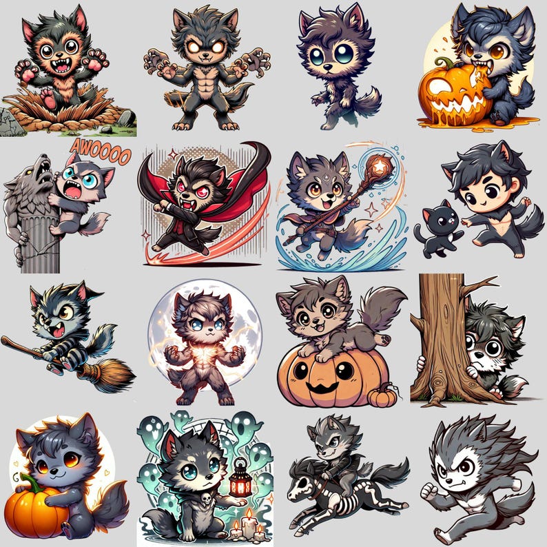 Cute Werewolf Clipart Set – 16 Kawaii Halloween Werewolf Illustrations ...