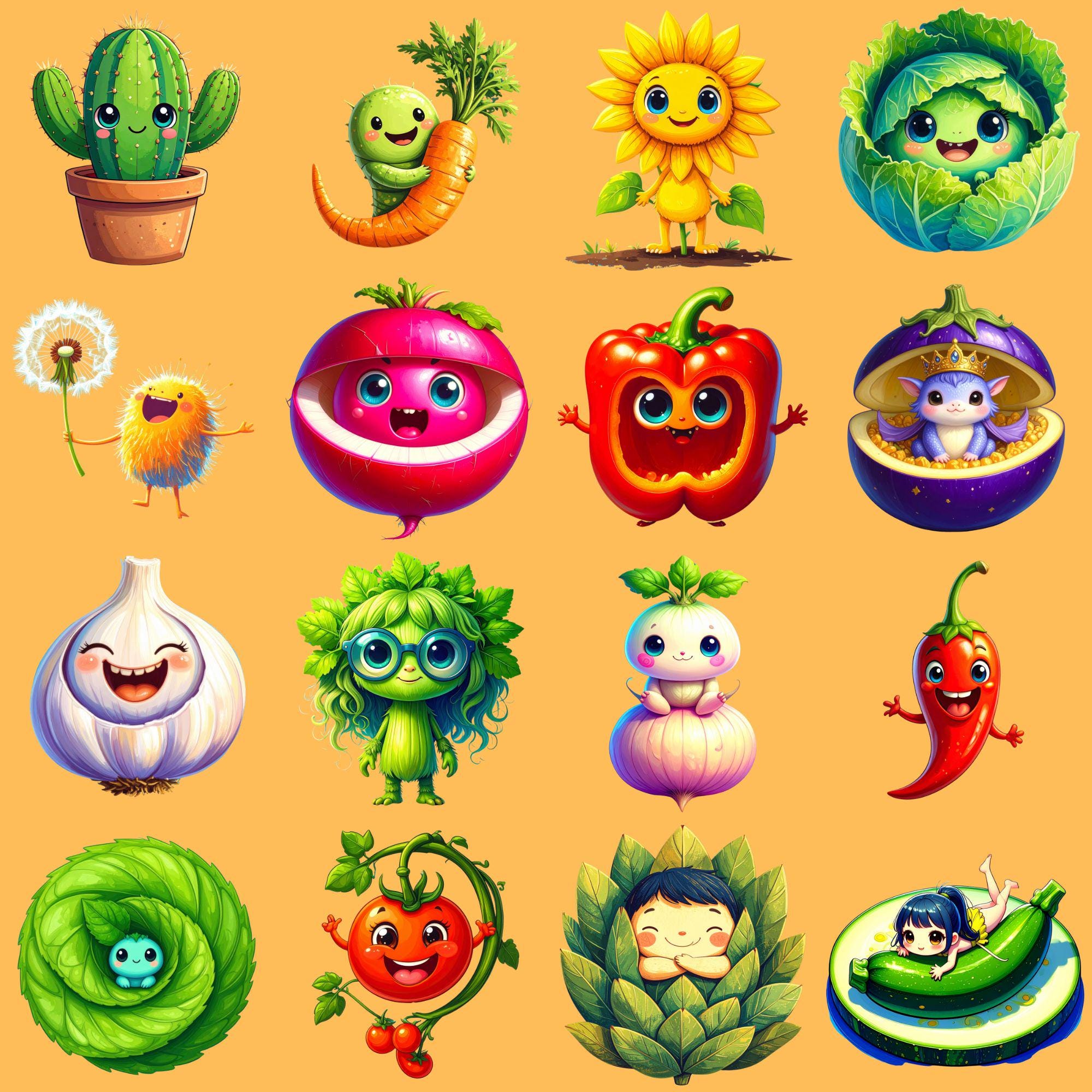Cute Vegetable Fruit Clipart | Cartoon Food Faces PNG Bundle | Digital ...