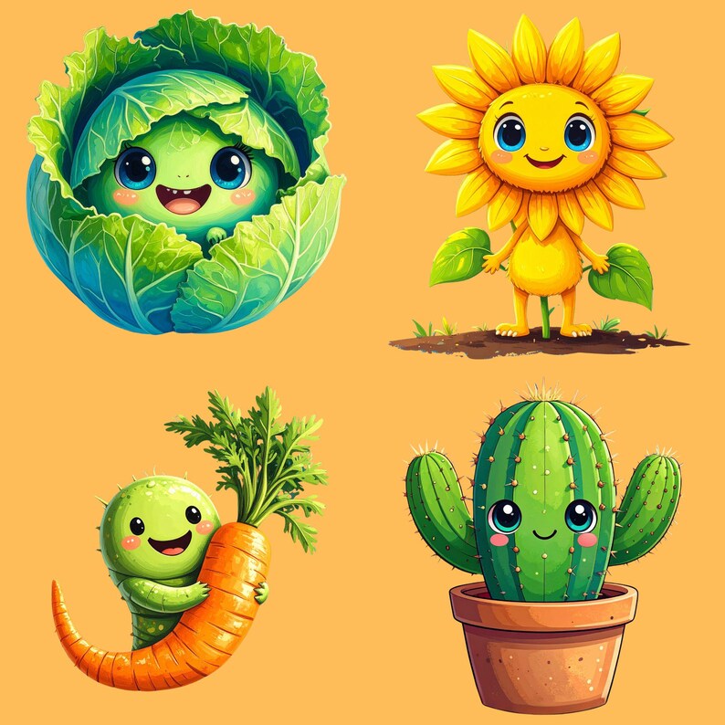 Cute Vegetable Fruit Clipart | Cartoon Food Faces PNG Bundle | Digital ...