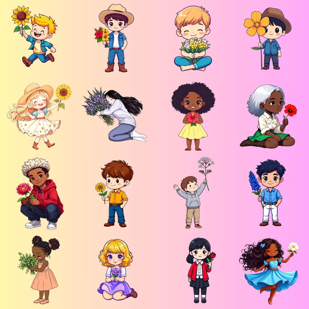 Cute Kids With Flowers Clipart Set – Spring Floral Children Pngs for ...