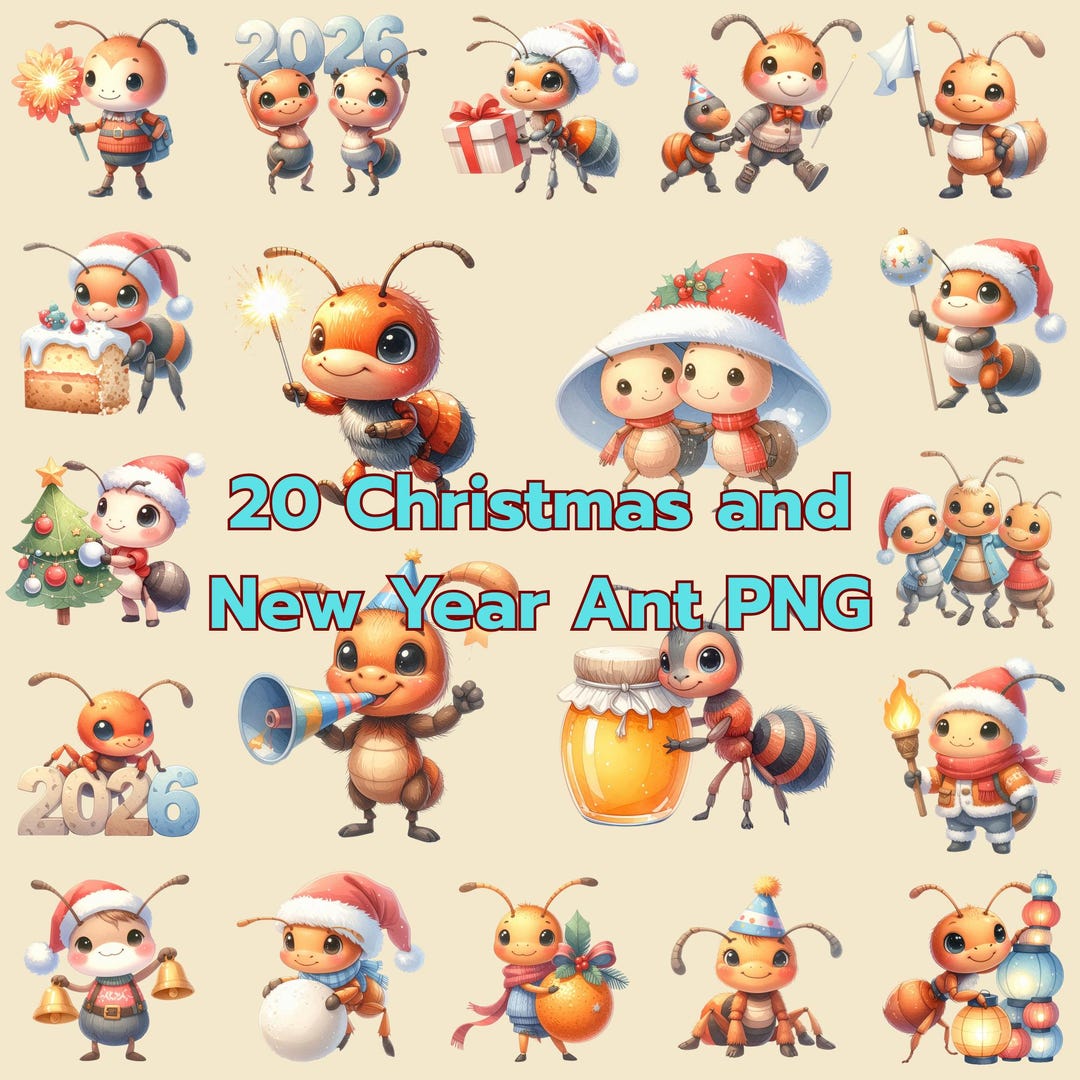 Festive Ant Clipart: 20 Christmas and New Year Insect PNG Set (digital ...