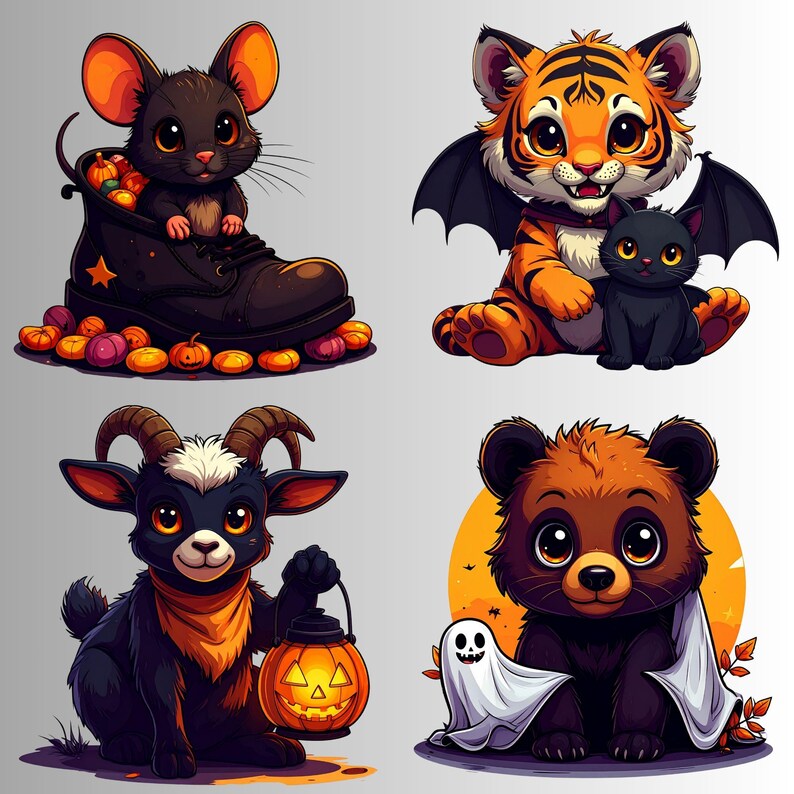 Kawaii Halloween Animals Clipart: Cute Spooky Critters PNG Set (digital ...