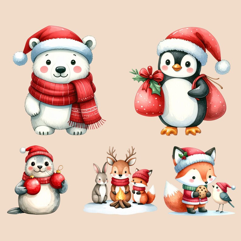 Watercolor Winter Wildlife Clipart: Festive Christmas Animals and Snowy ...