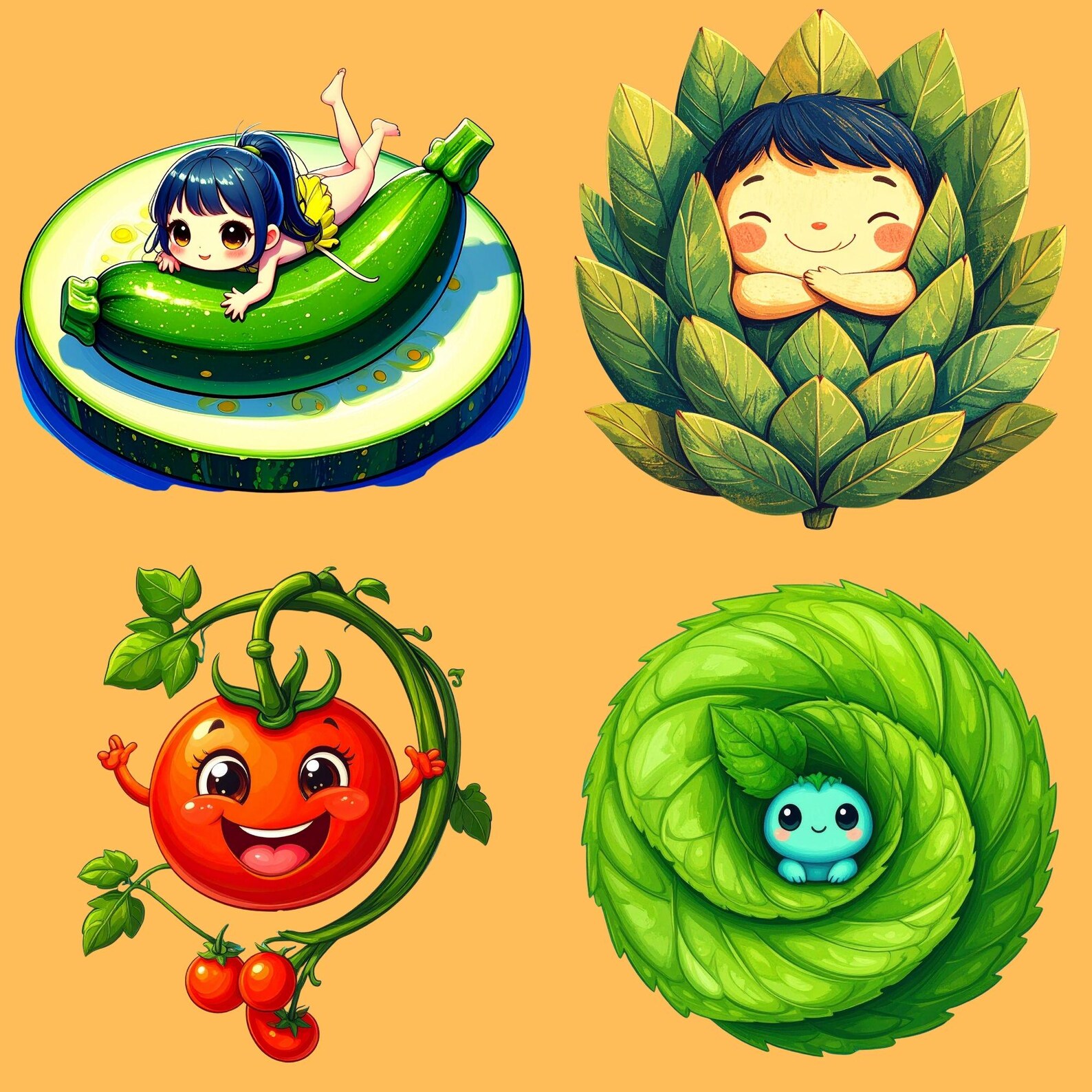 Cute Vegetable Fruit Clipart | Cartoon Food Faces PNG Bundle | Digital ...