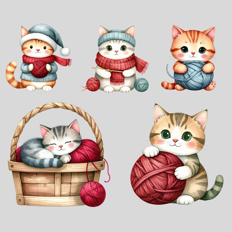 Cozy Kitten Clipart Bundle: Digital Cat and Yarn PNG for Winter Crafts ...