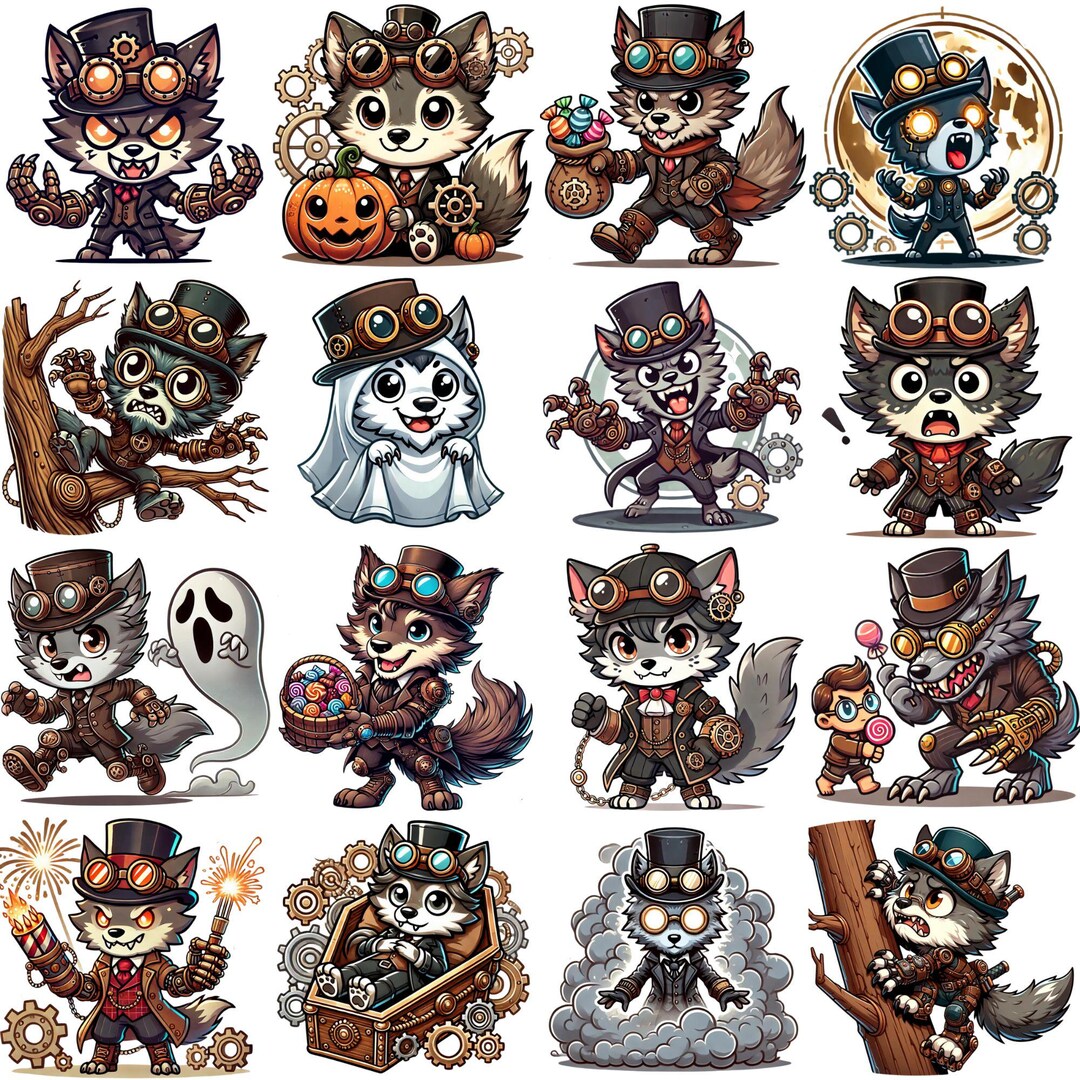 Steampunk Werewolf Clipart Set – 16 Cute Halloween Werewolf ...