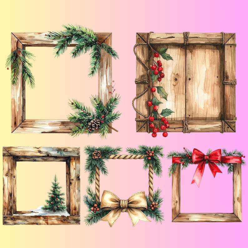 Rustic Christmas Frame Clipart: Watercolor Wooden Border PNG Set ...