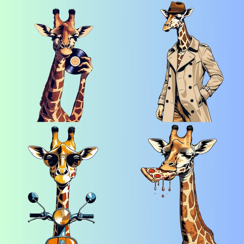 Retro Giraffe Clipart Set: 16 PNG Animal Graphics, Nursery Decor ...