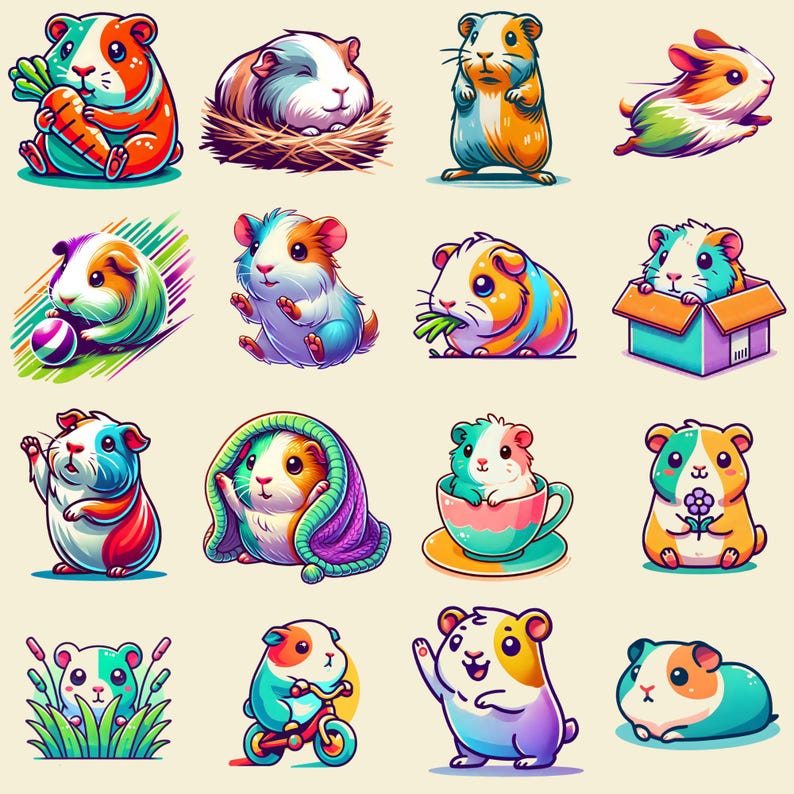 Guinea Pig Clipart Set | 16 Cute and Colorful PNG Illustrations | Pet ...
