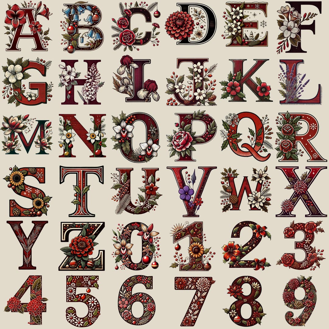 Floral Alphabet and Number Clipart Set Vintage Botanical PNG Digital ...
