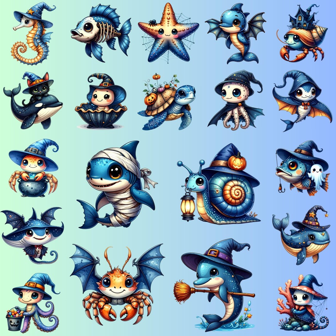 Kawaii Halloween Sea Creature Clipart | Spooky Ocean PNG Bundle ...