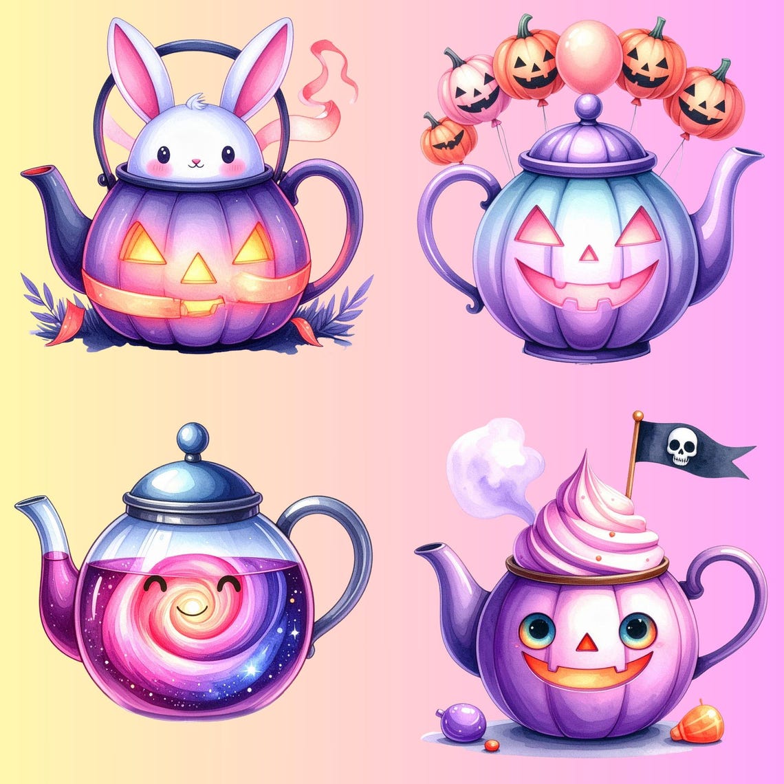 Halloween Teapot Clipart Set: Whimsical Kettle Designs (PNG Digital ...