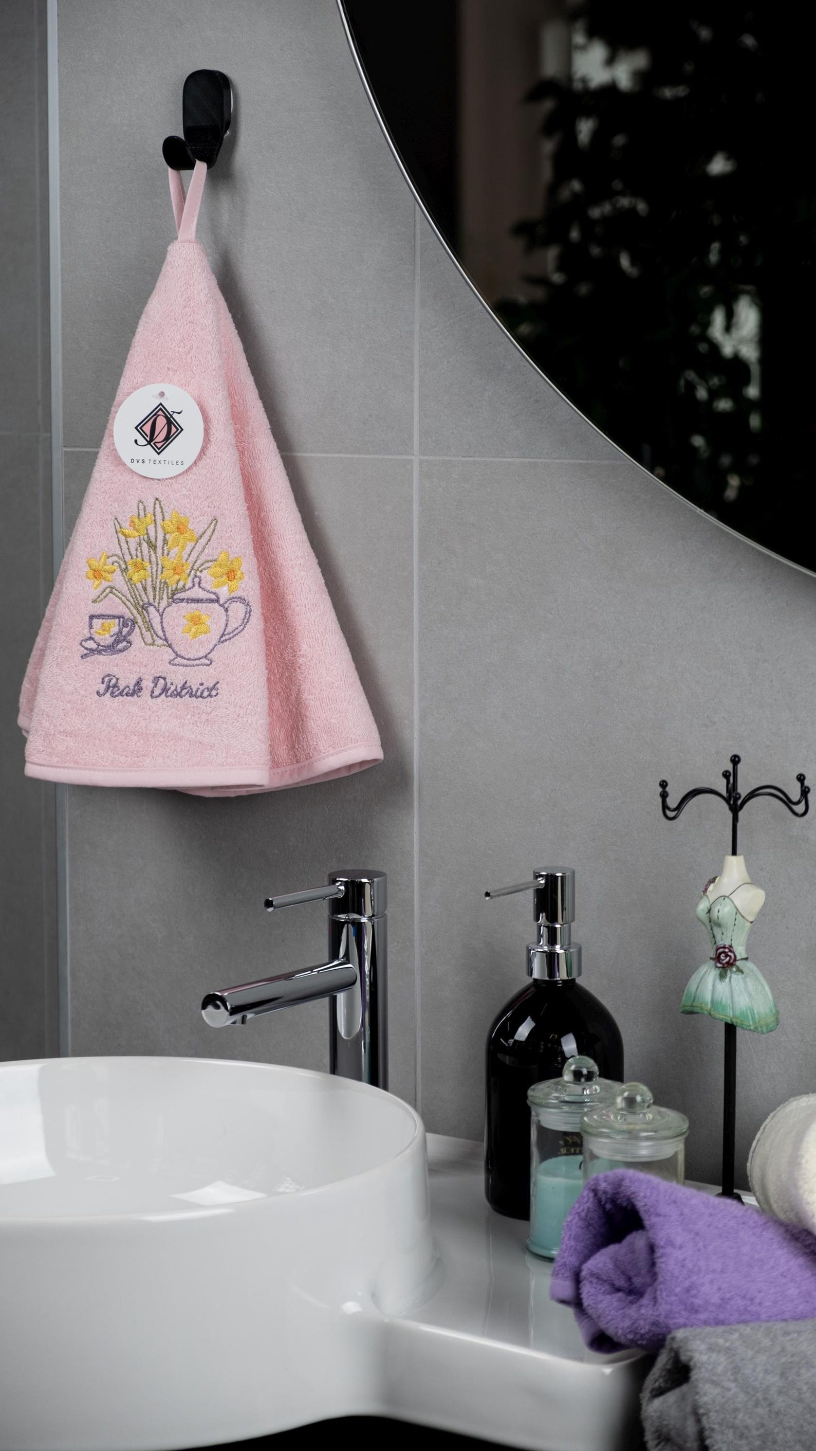 DVS Home Round Hand Towels, Flowers Embroidery Grey70cm,100% Cotton ...
