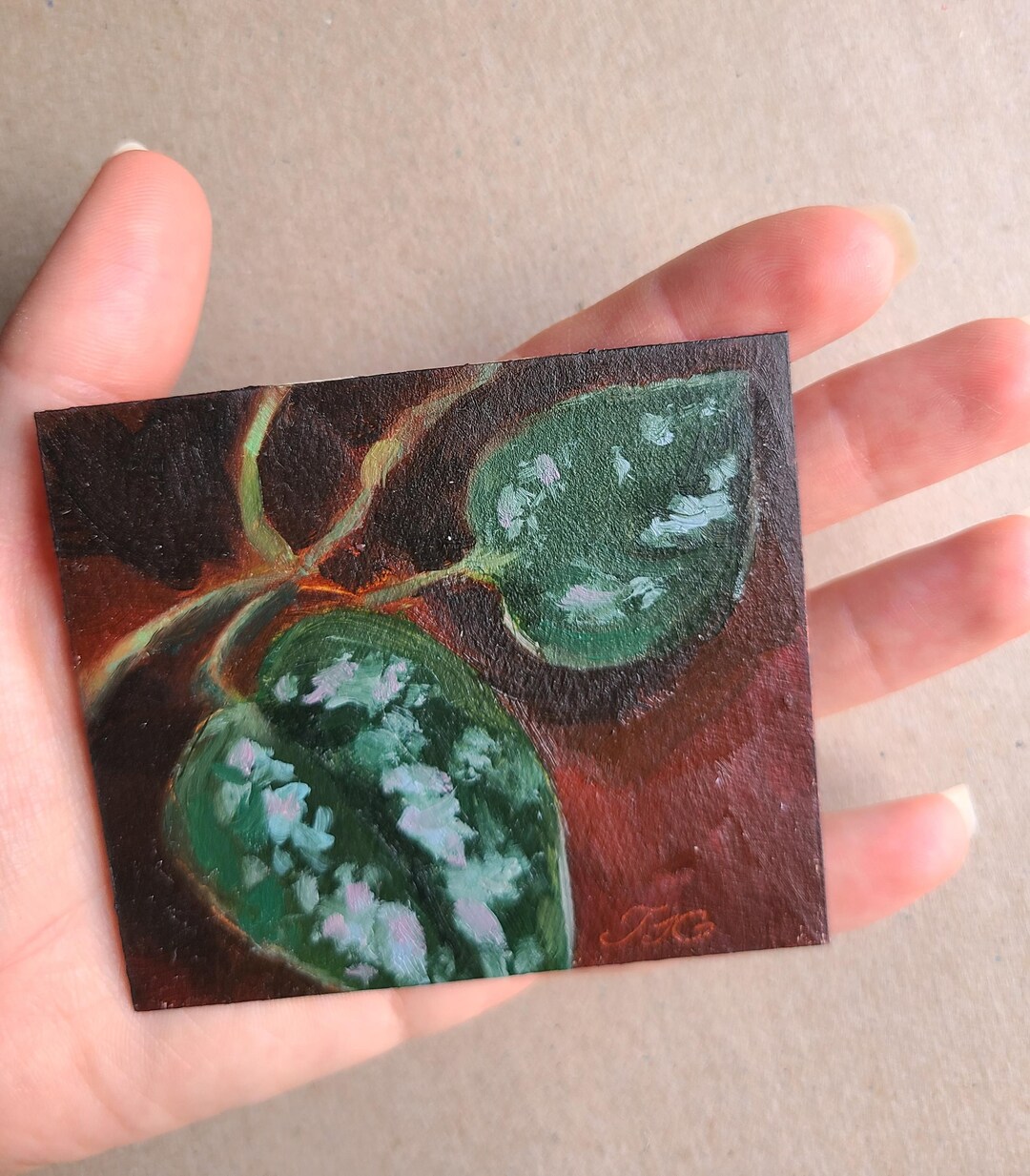 Miniature Satin Pothos Leaves Green Plant Original Oil Painting ACEO ...
