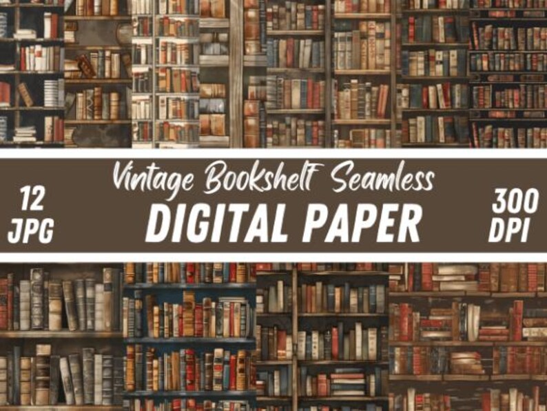 Vintage Library Bookshelf Paper Patterns, Antique Scrapbook Paper ...