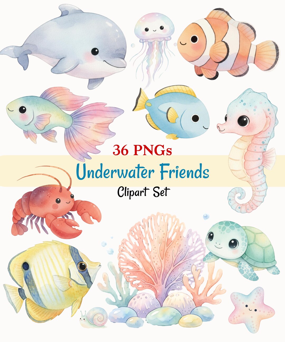Underwater Watercolor Clipart Pngs | Cute Ocean Animals | Sea Creatures ...
