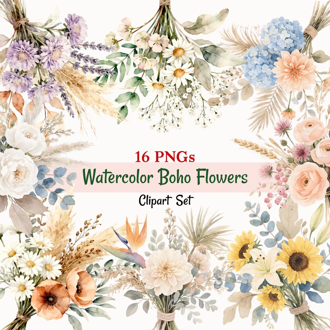 Watercolor Boho Flower Bouquets Clipart Set | Vintage Floral ...