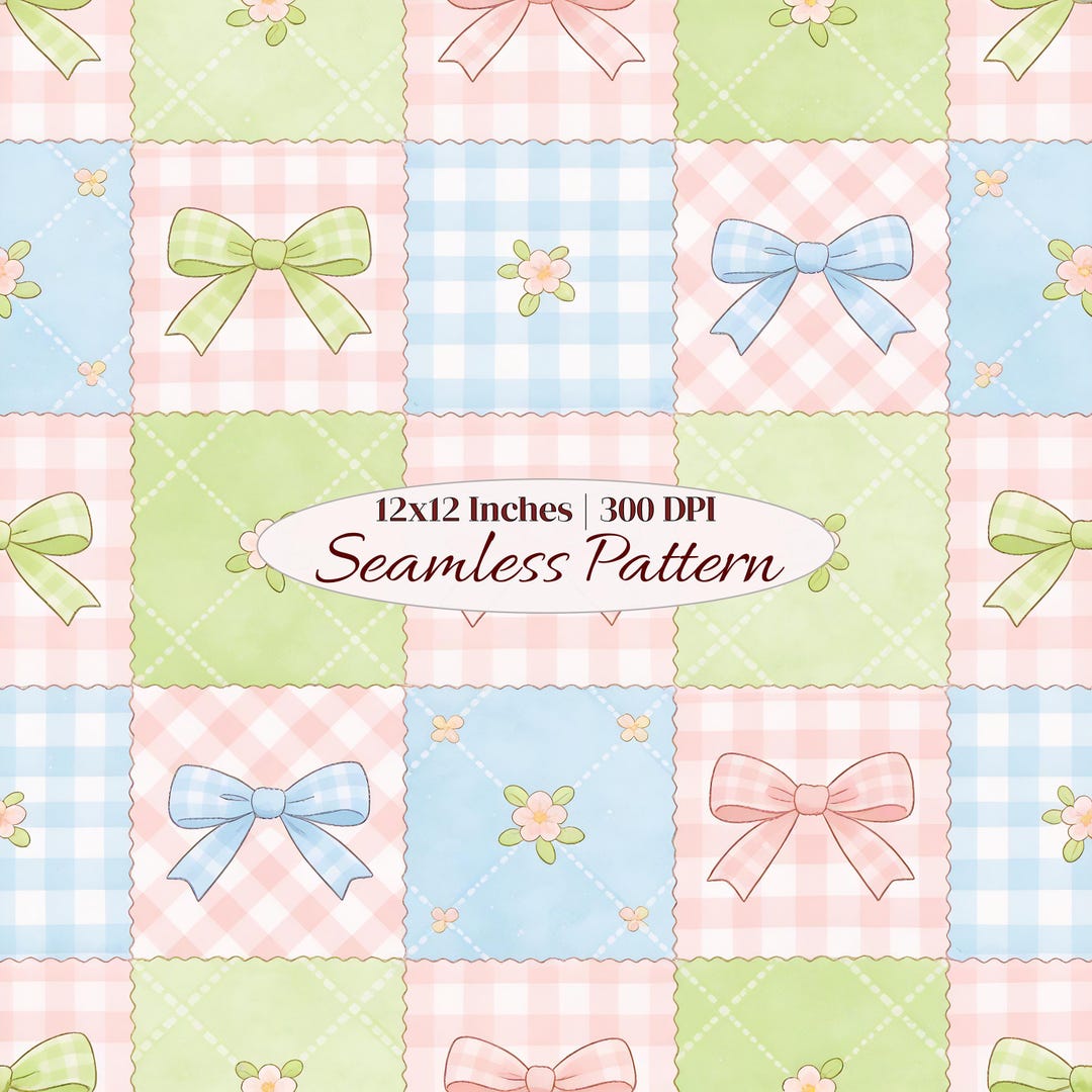 Pastel Patchwork Seamless Pattern, Gingham Quilt Coquette Bow Digital ...