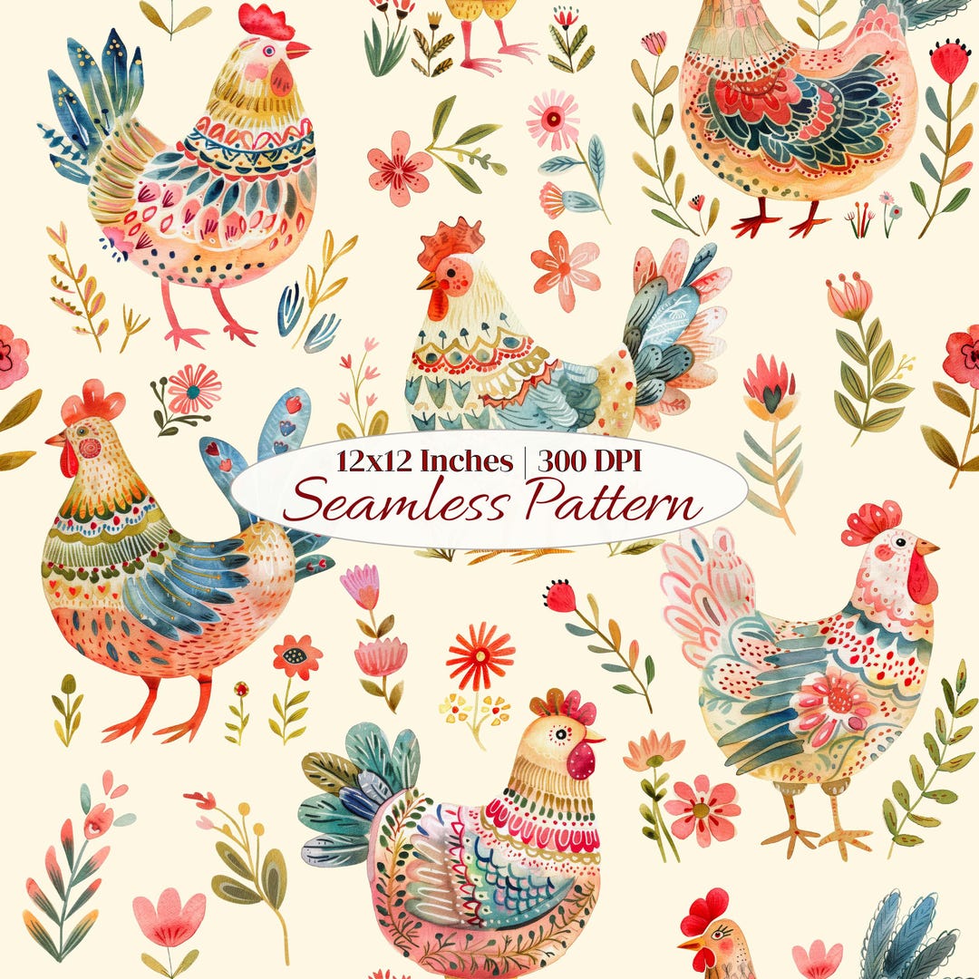 Watercolor Folk Art Chicken Seamless Pattern, Whimsical Farmhouse ...