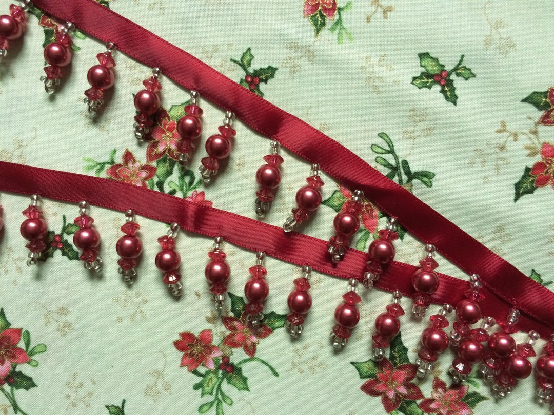 1 1/4" Long Lovely Red Beaded Fringe Including 3/8" Polyester Ribbon ...