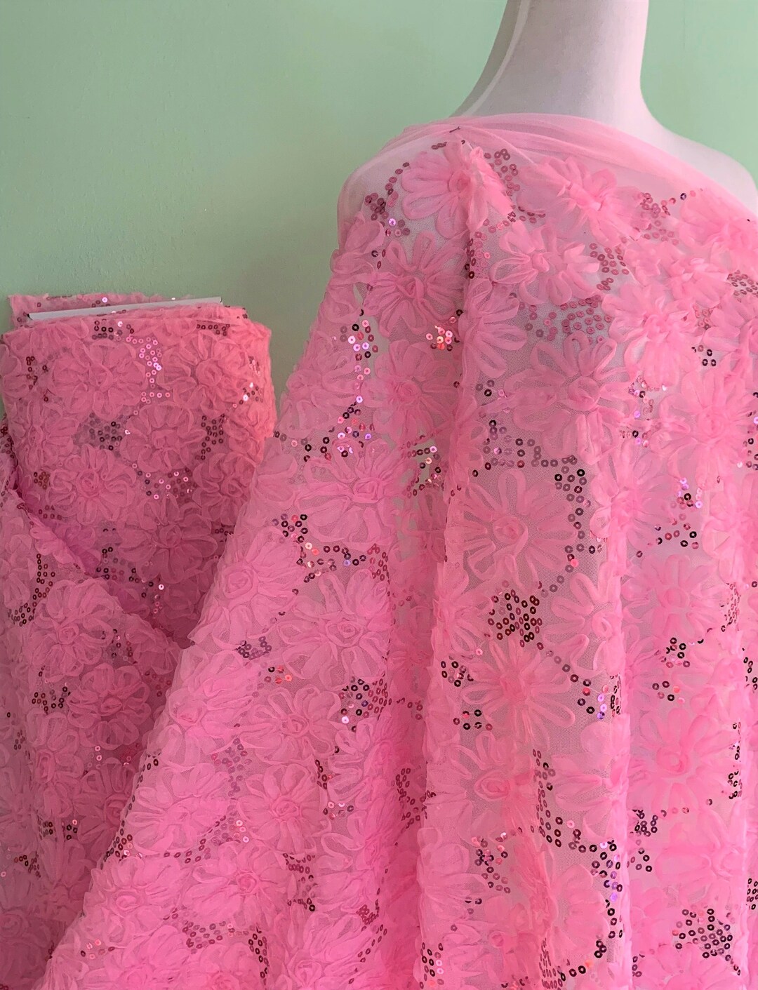 60" Wide Pink Lace Netting Fabric Washable Sparkly Sequined 'ribbon ...