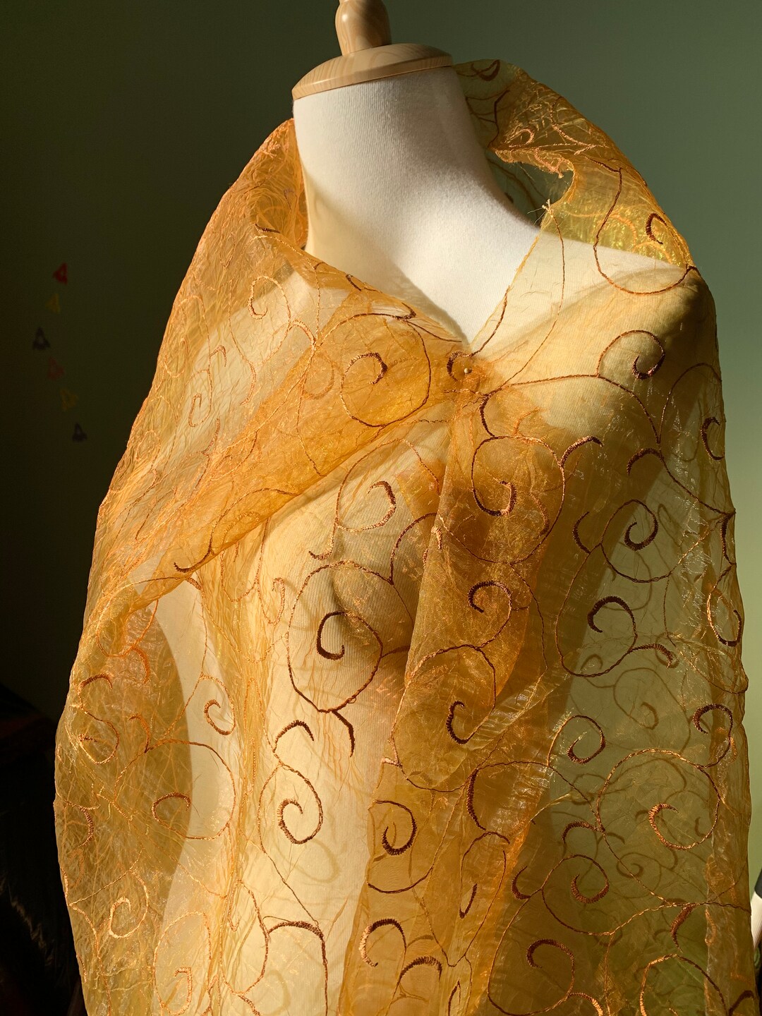 108" Wide Embroidered Twinkle Sheer Fabric Fiery Orange Gold Machine ...