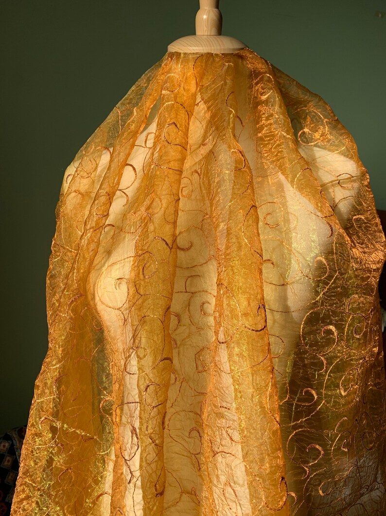108" Wide Embroidered Twinkle Sheer Fabric Fiery Orange Gold Machine ...