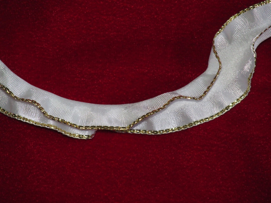 7/8" Wide Double Ruffle Trim White Satin Ribbon With Metallic Gold Edge ...