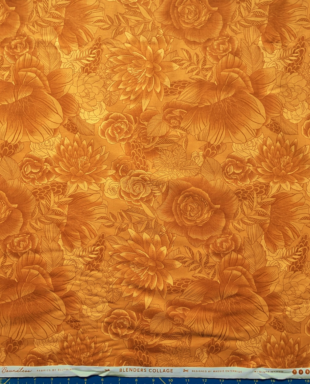 45" Wide Beautiful Dark Gold Tone on Tone Floral Blenders Collage 100% ...