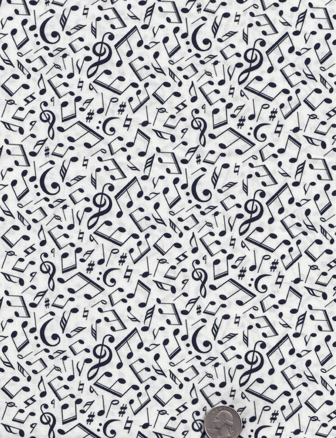 White All Cotton Fabric With Black Musical Notes 44
