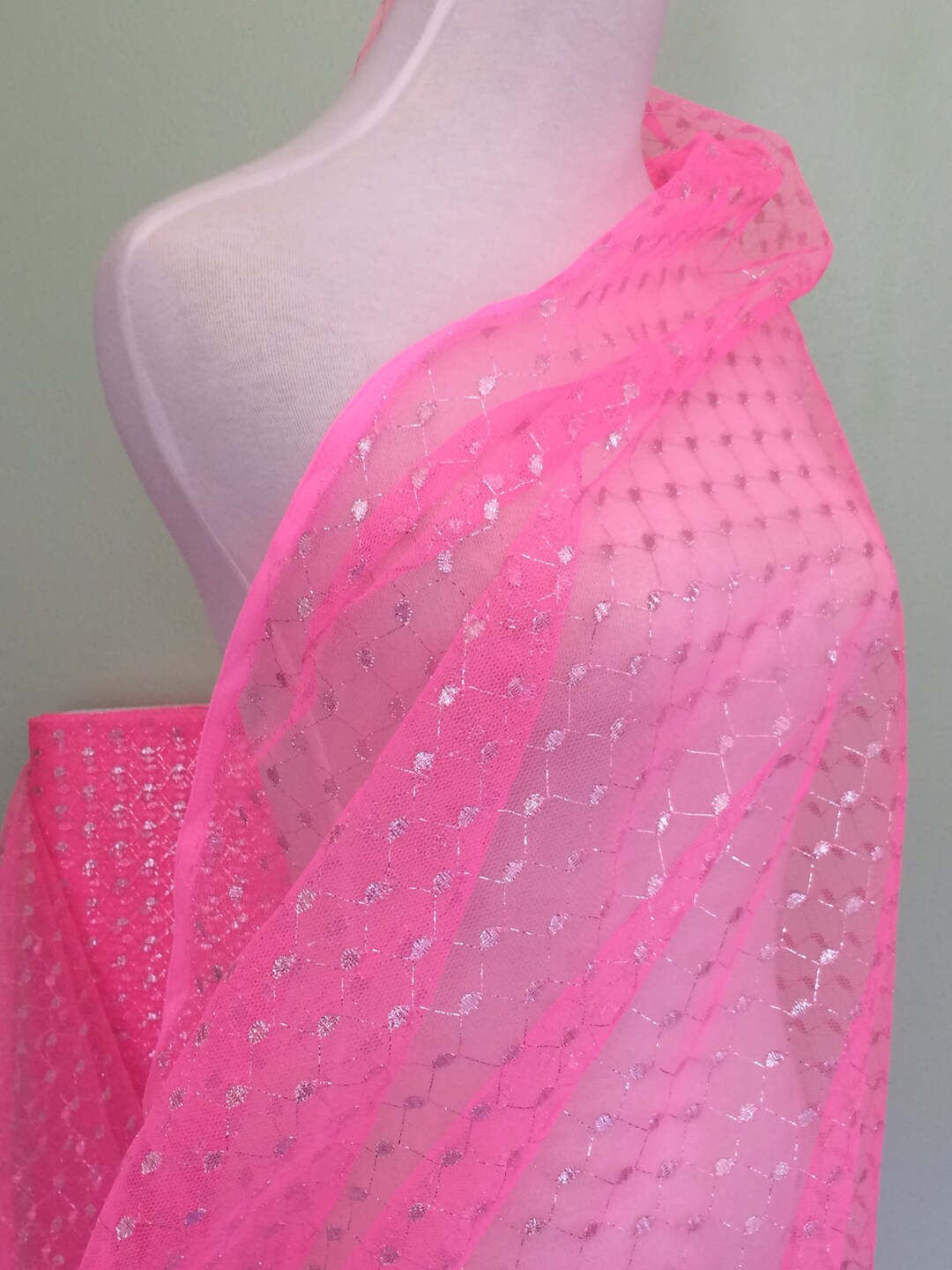 45" Wide Sheer Bright Pink Netting, Silver Metallic Diamonds and Dots ...